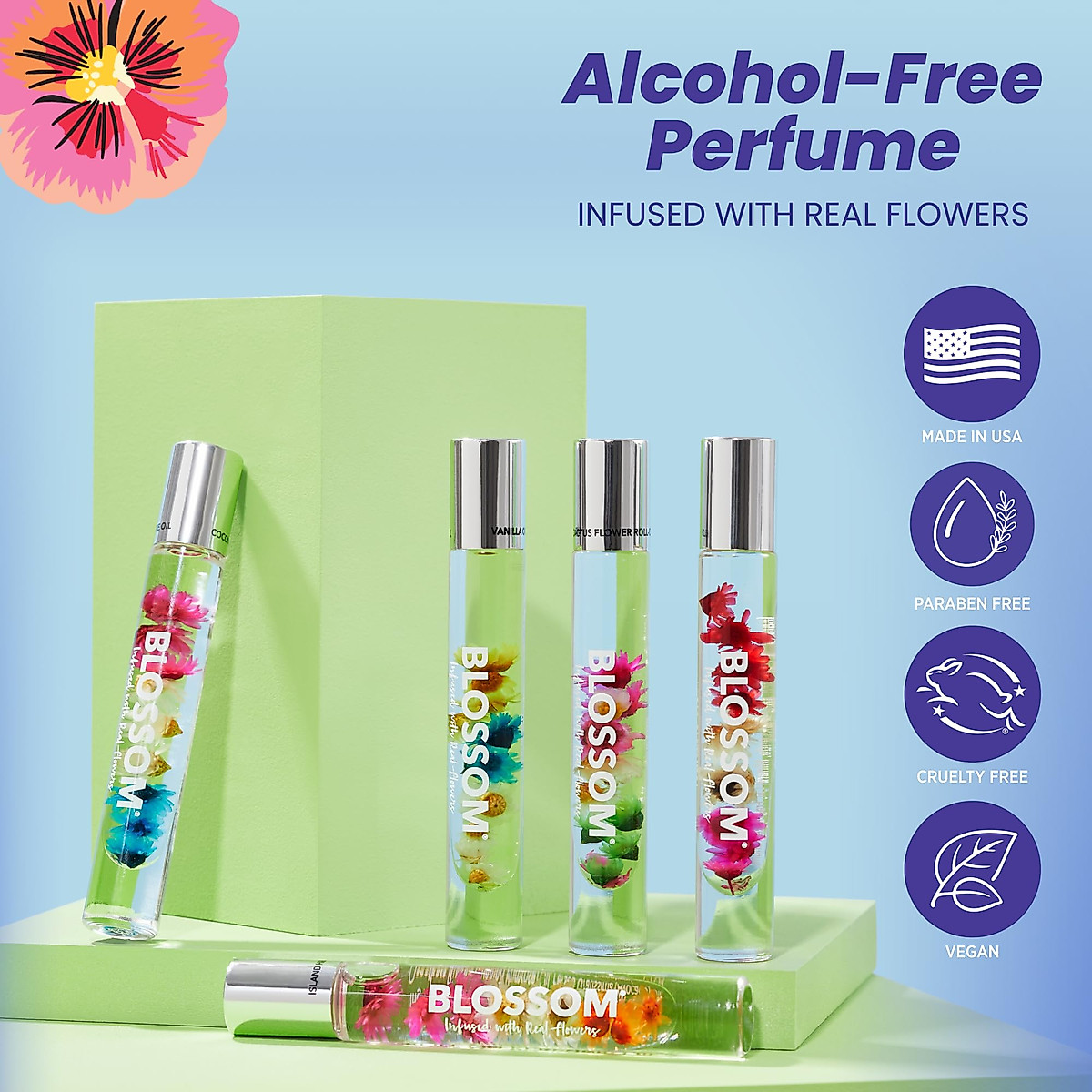 Blossom Roll on Perfume for Women Alcohol Free Rollerball Perfume Oil with Essential Oils, Infused with Real Flowers, Made in USA, 0.3oz, 3 pack Mini Gift Set, Hibiscus/Honey Jasmine/Rose