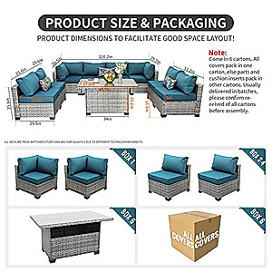 Rattaner Patio Furniture Sectional Sofa Set 9 Pieces Outdoor Wicker Furniture Couch Storage Glass Table with Thicken(5") Anti-Slip Peacock Blue Cushions Furniture Cover