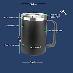 SILICANICE 14 oz Stainless Steel Vacuum Insulated Tumbler with handle & MacSlider Lid, Dishwasher Safe & Spill Proof Coffee Cup, Travel Mug for Hot/Cold Drinks, Durable Design - Gray