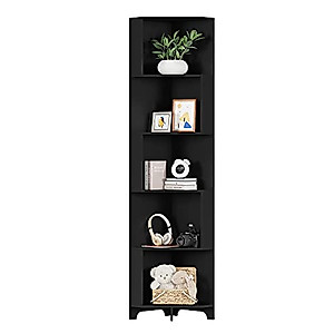 Yusong Bookshelf Corner Shelf Bookcase, Wooden 5-Tier Book Shelves Display Cabinet for Living Room,Bedroom,Bathroom, Black