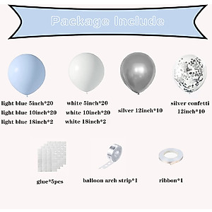 Baby Blue Balloons Arch Kit-Blue Balloon Garland Baby Blue Balloon Arch Kit White Metallic Silver Confetti Balloons for Boys,Baby Shower, Birthday, Anniversary Party Supplies