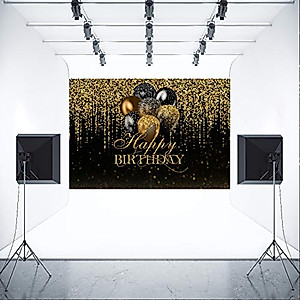 Aperturee 7x5ft Happy Birthday Backdrop Glitter Black and Gold Bokeh Balloons Golden Sparkle Sequin Spots Photography Background Adult Women Girl Banner Party Decoration Photo Booth Studio Cake Table