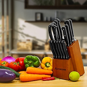 Knife Set, 15 Pcs Kitchen Knife Set With Block, Astercook German Stainless Steel With Scissors, Knife Sharpener and 6 Serrated Steak Knives