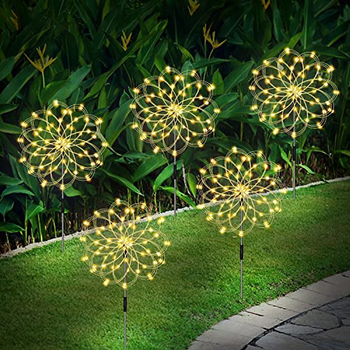 Solar Garden Lights, Firework Lights Outdoor 5 Pack 120 LED Solar Waterproof Decorative Starburst Lights Landscape Lamp Adjustable Brightness, Decor for Courtyard Garden Christmas Party(Warm White)