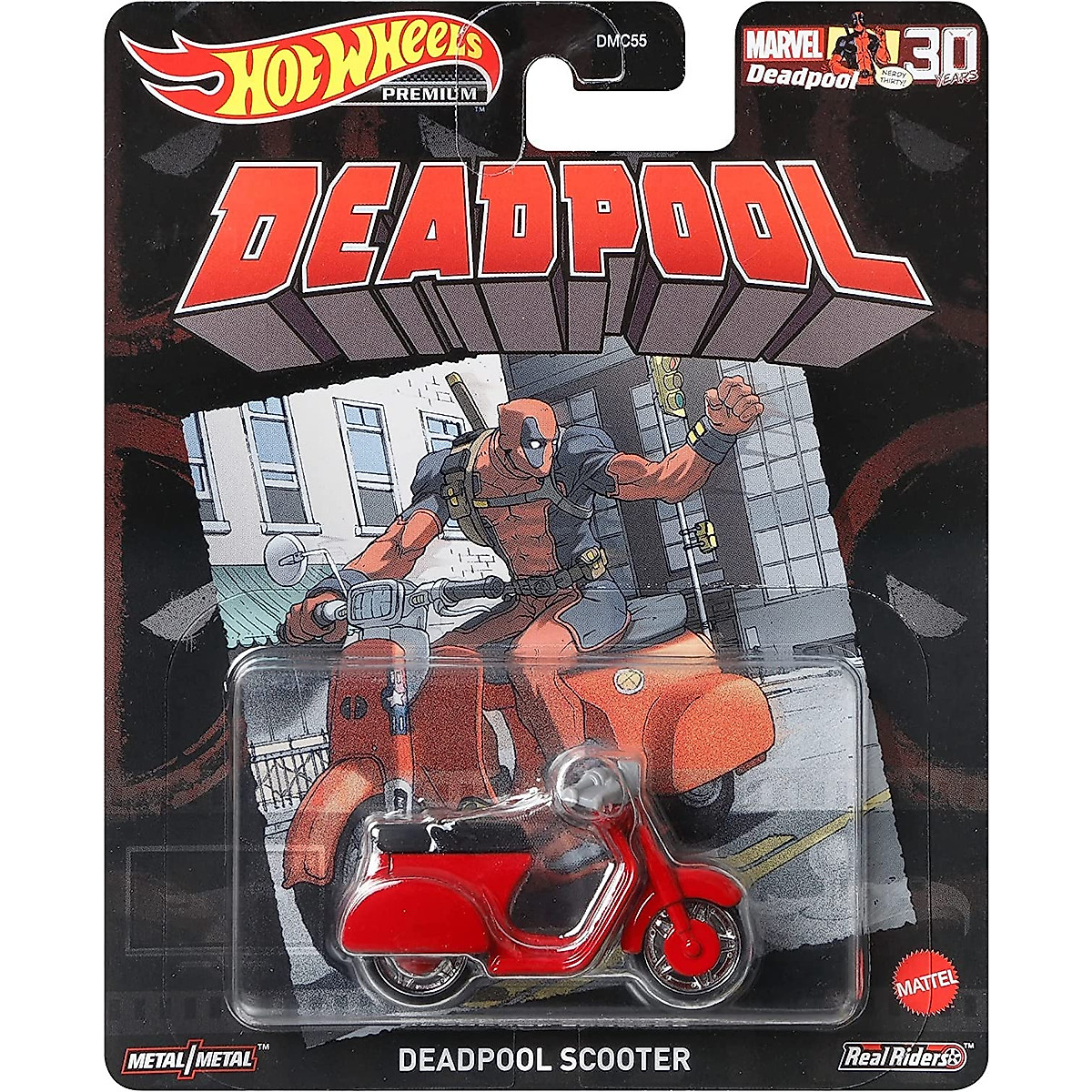 Hot Wheels Deadpool Scooter 1:64 Scale Vehicle from Blockbuster Movies, TV, & Video Games, Iconic Replicas for Play or Display, Gift for Collectors