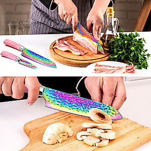 Rainbow Kitchen Knife Set Non Stick Knives with Wood Storage, Serrated Steak Knife, Chef Knife, Scissors with Built-in Sharpener, 14Pcs Ultra-Sharp Cutlery Block Sets for Home & Pro Use Best Gift