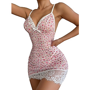 COZYEASE Women's 2 Piece Babydoll nightgown Lingerie Set Lace Nightwear Ditsy Floral Ruched Sleepwear with Thong Pink S