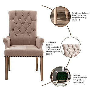 Restworld Dining Room Chairs with Arms,Tufted Upholstered High Back Nailed Trim with Untique Oak Wood Legs for Kitchen Restaurant Room Bedroom Ivory Brown