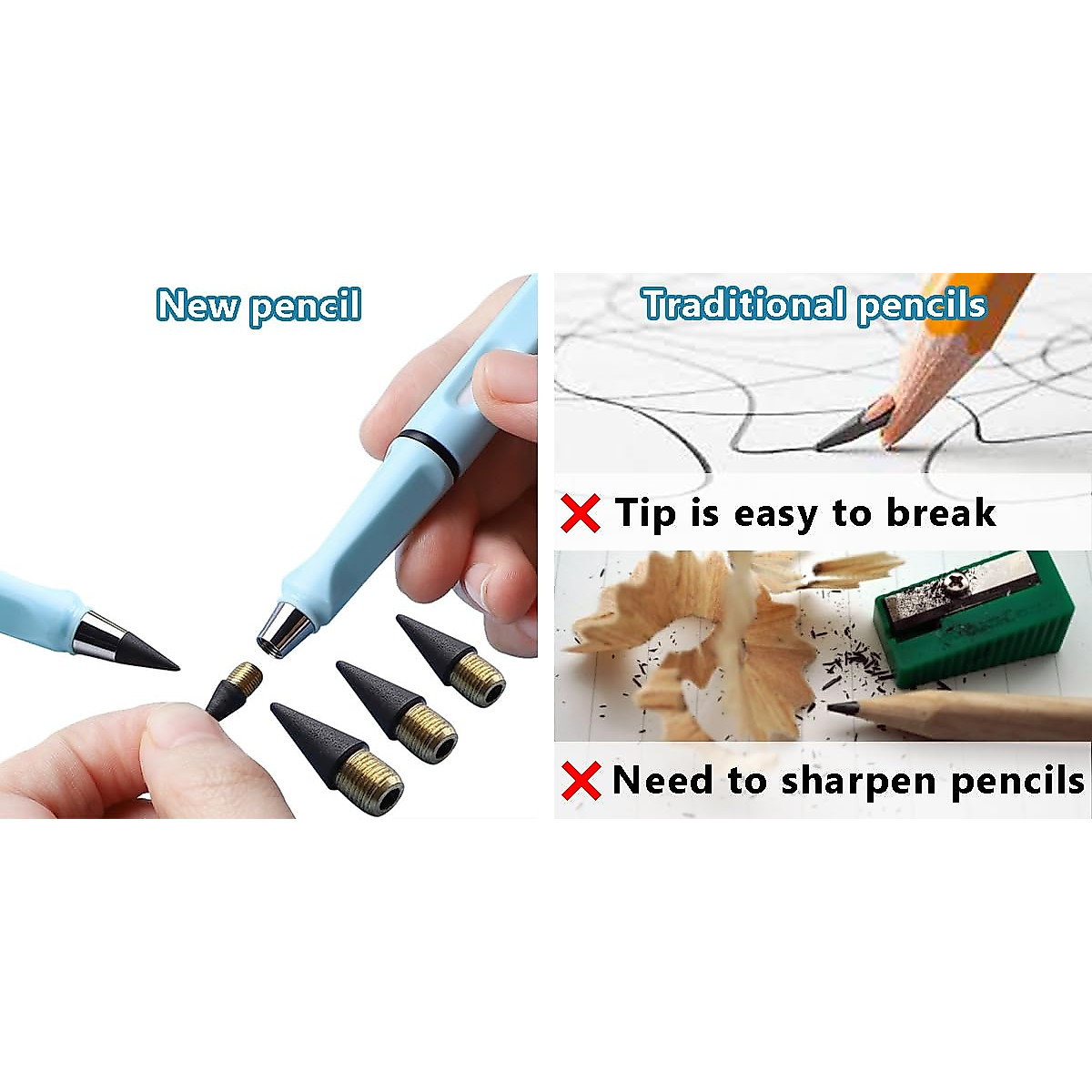 CPDES 6Pcs Everlasting Pencil,Erasable Infinite Pencil,Inkless Pen Everlasting Reusable Unlimited Writing Pencils(6 Pencils + 6 Replacement Pen Tips+ 6 Erasers)