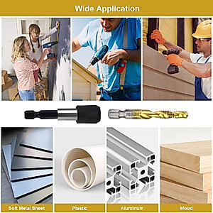 Valkynos Drill Tap Set with Quick-Change Adapter of 13Pcs, 6 SAE Sizes: 6-32NC to 1/4-20NC, 6 Metric Sizes: M3 to M10, Titanium Combination Drill & Tap Bit Set for Drilling Threads, Tapping