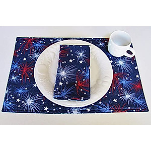 Fireworks & Stars Patriotic Cloth Napkins (Set of 2) Made in USA Patriotic Cotton Navy Blue/Red/White Glitter