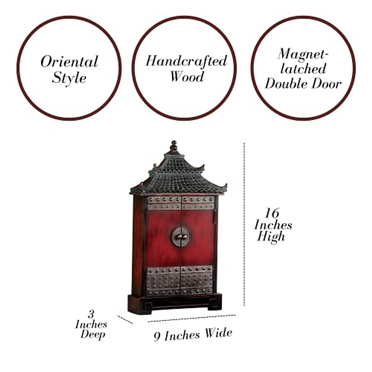 Touch of Class Oriental Pagoda Key Wall Cabinet Bronze - Oriental Furnishings Asian Accent - Accommodates Multiple Sets - Six Hooks Inside - Magnet Latched Double Door