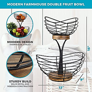 Modern Farmhouse 2 Tier Fruit Basket for Kitchen Counter, Vintage Wire and Wooden Base Fruit Bowl/Stand for Kitchen countertop Decor - Double Tree Fruit & Vegetables Basket
