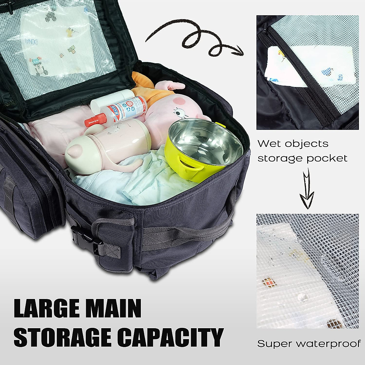 Dad Diaper Bag, Mens Diaper Bag Backpack with Diaper Changing Mat, Military Diaper Backpack with Molle Webbing, Waterproof Pouch, Baby Wipes pocket, Insulated Bottle Pockets- Dark Grey