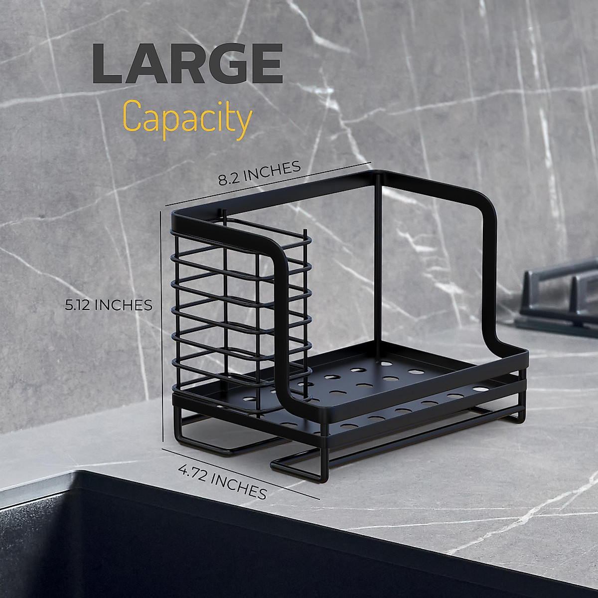 Aristeia Home Kitchen Sink Caddy Organizer - Stainless Steel Kitchen Sink Organizer with Drip Tray, Versatile Sponge Caddy for Kitchen Sink with Scrub Brush Included - Black