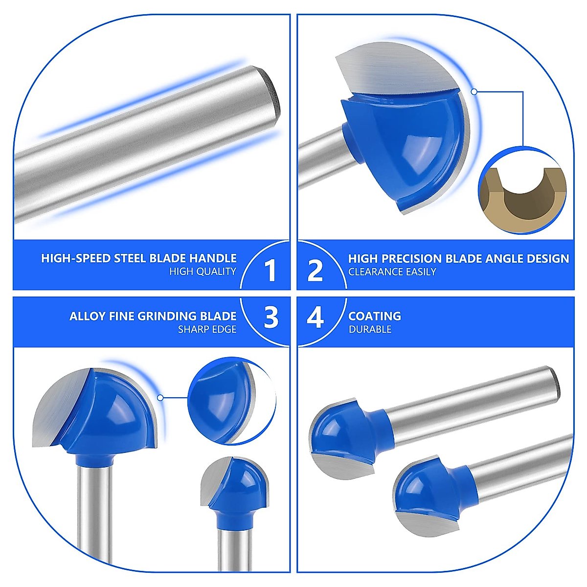 Cove Box Router Bit Set ,Newdeli 8Pcs 1/4 Inch Shank Round Nose Router Bit-1/4" 5/16" 3/8" 1/2" 5/8" 3/4" 7/8" 1" Cutting Diameter, Solid Carbide Double Flute Cove Box Round Nose Woodworking Tool