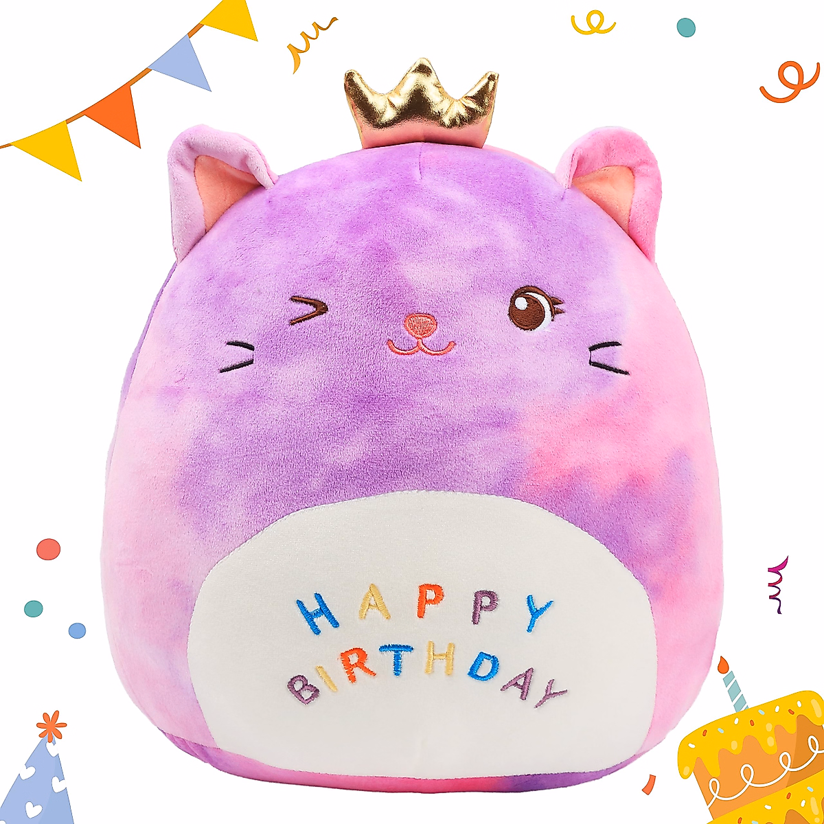 Easfan 12'' Rainbow Birthday Kitty Plush Pillow Soft Cat Plush Toy Cute Kitty Stuffed Animal Home Room Decoration Birthday Gifts for Kids Toddlers