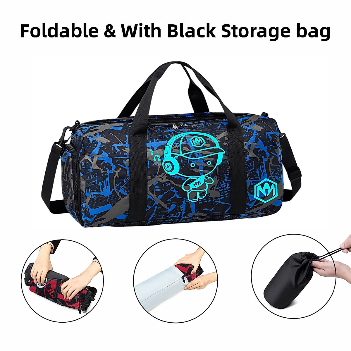 Kids Overnight Duffle Luminous Sport Gym Gag with Shoe Compartment & Wet Pocket Small Sleepover bag Carry on Weekender Travel Tote for Kids Boys Girls