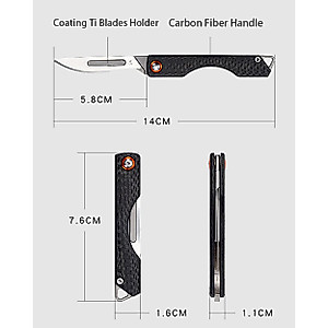 ainhue A32-CF Compact Slip Joint Scalpel Folding Pocket Knife, 10pcs #24 Replaceable Blade, 3.2 inches Contoured Carbon Fiber Handle with Lanyard, Utility EDC Keychain Box Opening Knives