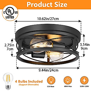 Feanron Farmhouse 2-Light Black Flush Mount Ceiling Light Fixtures, Industrial Vintage Metal Cage Closed to Ceiling Mount Lamp for Hallway Kitchen Bedroom 2 Pack, A19 LED Bulbs Included