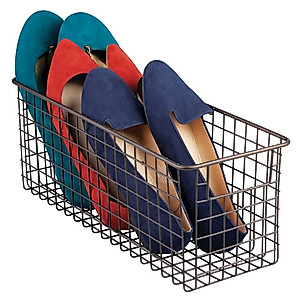 mDesign Household Metal Wire Narow Storage Organizer Bin Basket Holder with Handles - for Closets, Entryways, Mudrooms, Kitchen Pantry, Under Sink Cabinets, Bathrooms - 16" x 5" x 6" - 6 Pack - Bronze