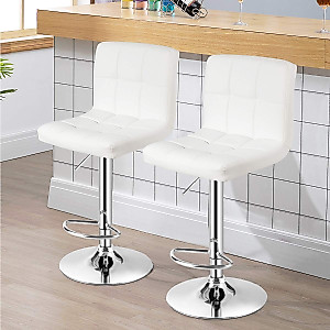 COSTWAY Bar Stool, Comfortable Swivel Adjustable PU Leather Bar Chair with Backrest, Soft Cushioned Seat, Footrest, Sturdy Metal Frame, Barstools for Kitchen, Pub(White, Set of 2)