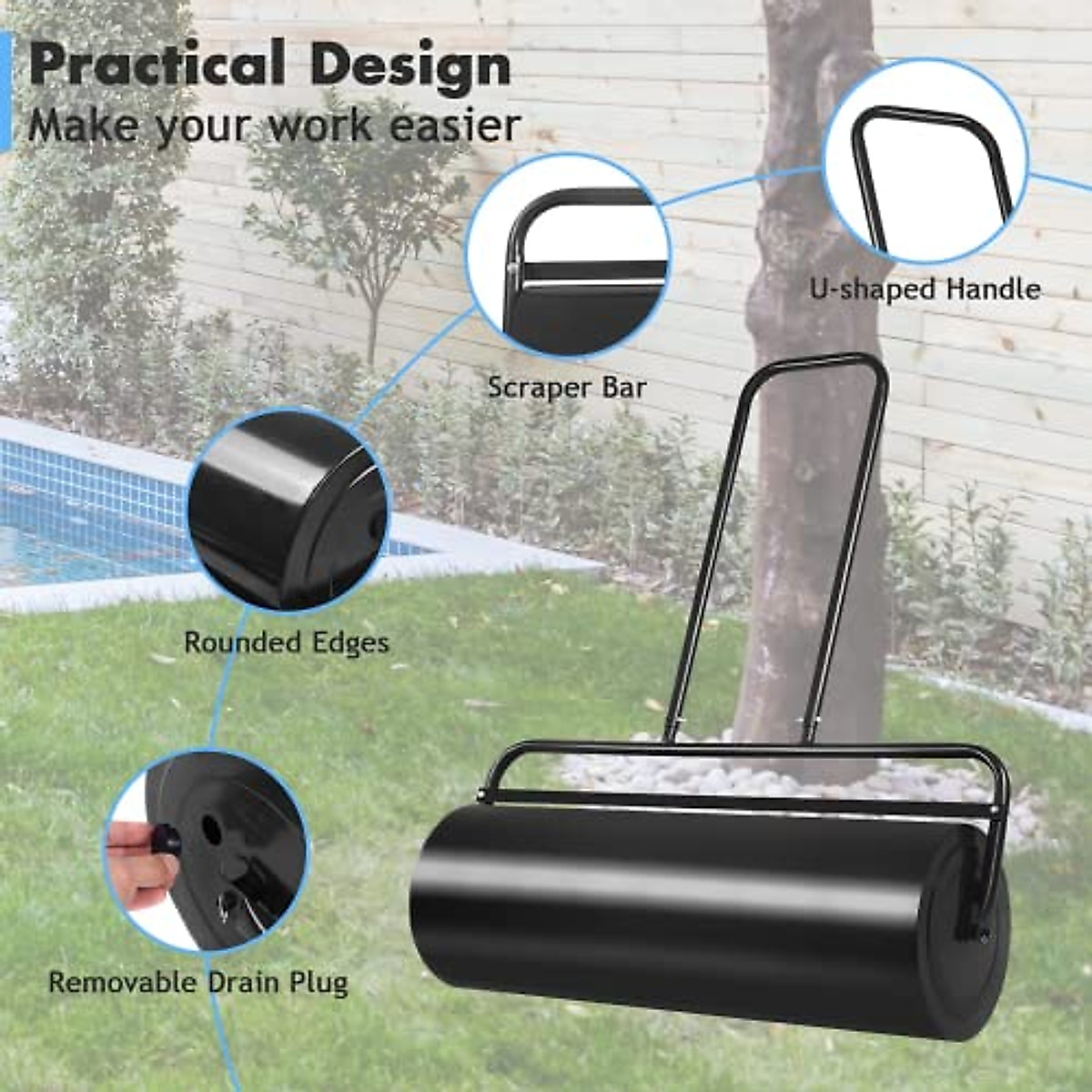 Happytools Lawn Roller, 13 Gallons/48 L Push/Pull Steel Sod Roller w/Ergonomic Handle, Lawn Rollers Tow Behind Water Filled for Park, Garden, Yard, Ball Field (24" / 13 Gal)