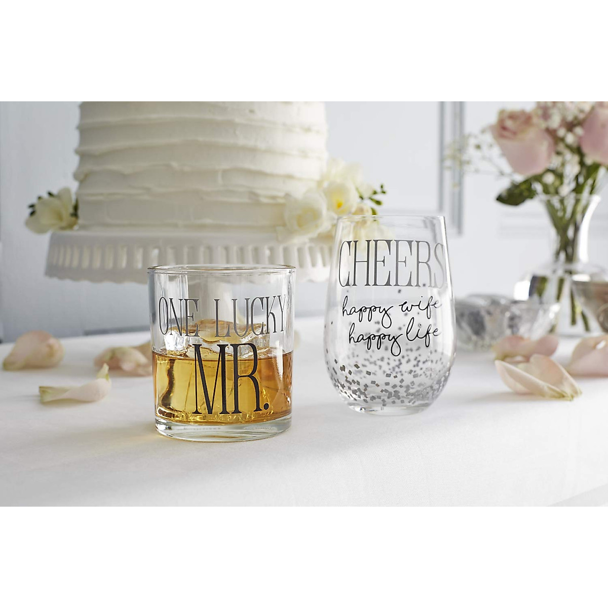 Enesco Our Name is Mud Cheers Wife Happy Life Glittered Stemless Wine Glass, 15 Ounce, Clear