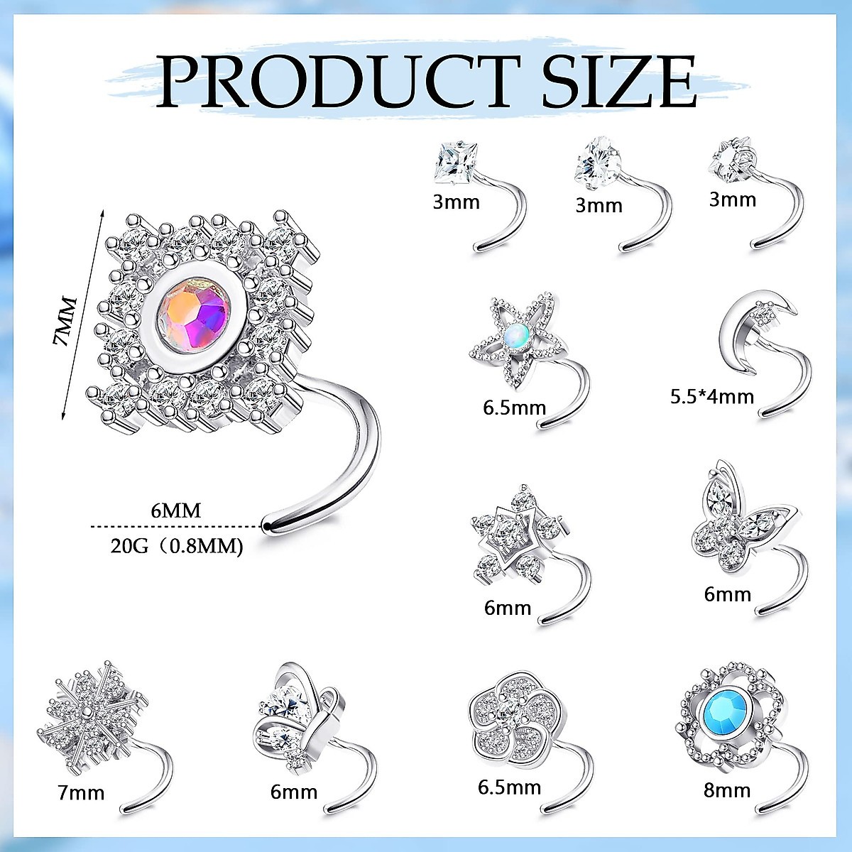 Ubjuliwa 12Pcs 20G Stainless Steel Nose Rings Stud for Women Screw L Shaped Nose Studs Cubic Zirconia Moon Star Snowflake Flower Butterfly Nose Piercing Stud