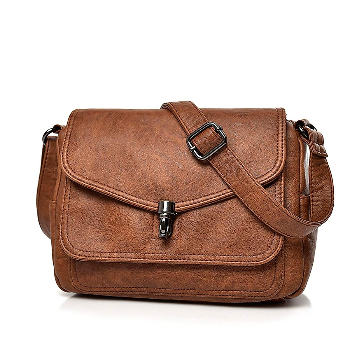 Alovhad Women Crossbody Bag Purse Muti Zip Pocket Leather Fashion Shoulder Bags (Brown)