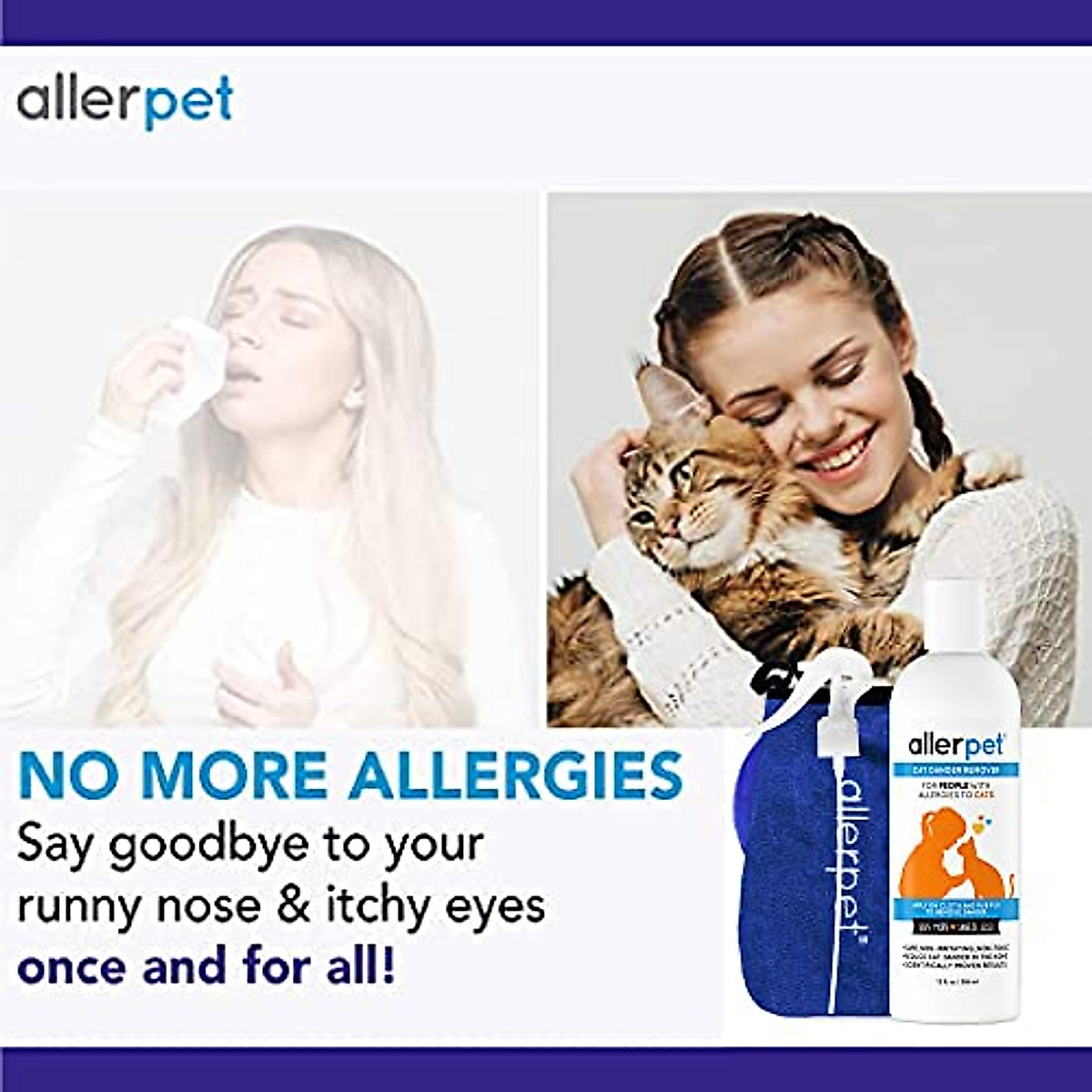 Allerpet Cat Dander Remover w/Free Applicator Mitt & Sprayer - Effective Cat Allergy Relief - Anti Allergen Solution Made in USA - (12oz)