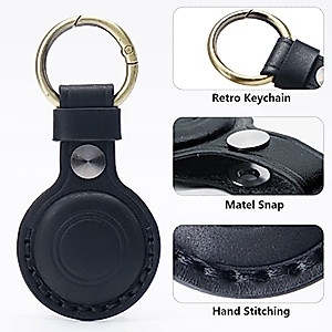 Handmade Genuine Leather Airtag Holder Keychain, Full Coverage Air Tag Holder with Key Rings, Airtag Hidden Cover Accessories for Luggage, Keys, Backpack etc. Black