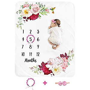 Baby Monthly Milestone Blanket Girl - Floral Newborn Month Blanket Personalized Shower Gift Soft Plush Fleece Photography Background Photo Prop Flower Blanket with Wreath Headband Large 51''x40''