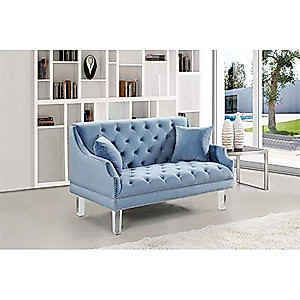 Meridian Furniture Roxy Collection Modern | Contemporary Velvet Upholstered Loveseat Sofa with Luxurious Deep Tufting, Nailhead Trim and Acrylic Legs, Sky blue
