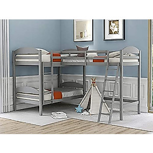 STP-Y Twin Over Twin Bunk Bed with 2 Ladders, Twin L-Shaped Bunk Bed and Loft Bed with Full-Length Guardrail, 3 Solid Wooded Bed Frames for Kids (Gray)