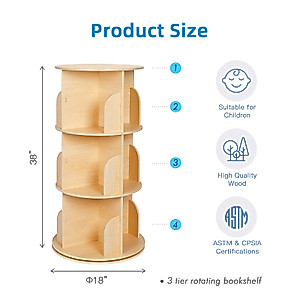 OOOK Kids Rotating Bookshelf, Small Corner Bookshelf for Small Space, 360° Display 3 Tier Floor Standing Bookshelf Storage Rack, Wooden Narrow Bookcase Organizer for Bedroom, Living Room