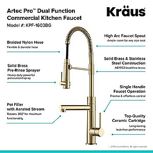 KRAUS Artec Pro 2-Function Commercial Style Pre-Rinse Kitchen Faucet with Pot Filler in Brushed Gold, KPF-1603BG (Pack of 3)