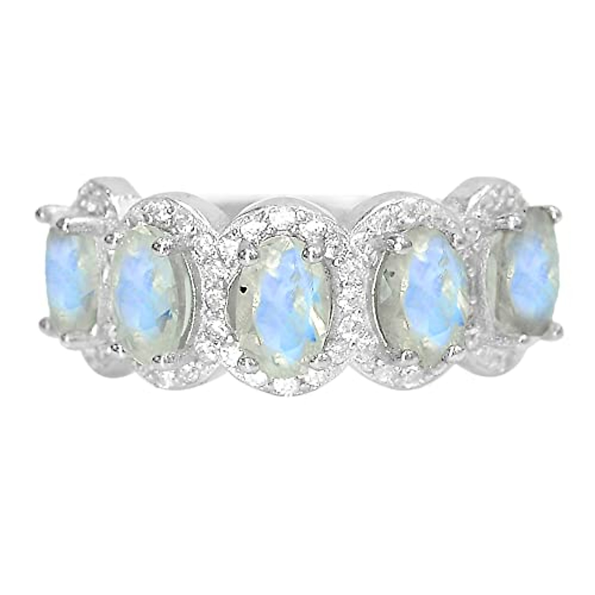 925 Sterling Silver Natural Blue Fire Rainbow Moonstone Ring Statement Ring June Birthstone Wedding Jewelry Proposal Ring Engagement Gift For Girlfriend Gift For Her (Sterling Silver, 9.25 US)