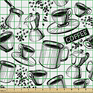 Lunarable Coffee Fabric by The Yard, Abstract Monochrome Coffee Sign with Cups Beans and Moka Pot Pattern Hand Drawn, Decorative Fabric for Upholstery and Home Accents, 1 Yard, Black White