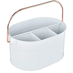 Red Co. 10" x 7" Enameled Metal Utensil Caddy & Countertop Flatware Organizer with Handle, Farmhouse White/Rose Gold