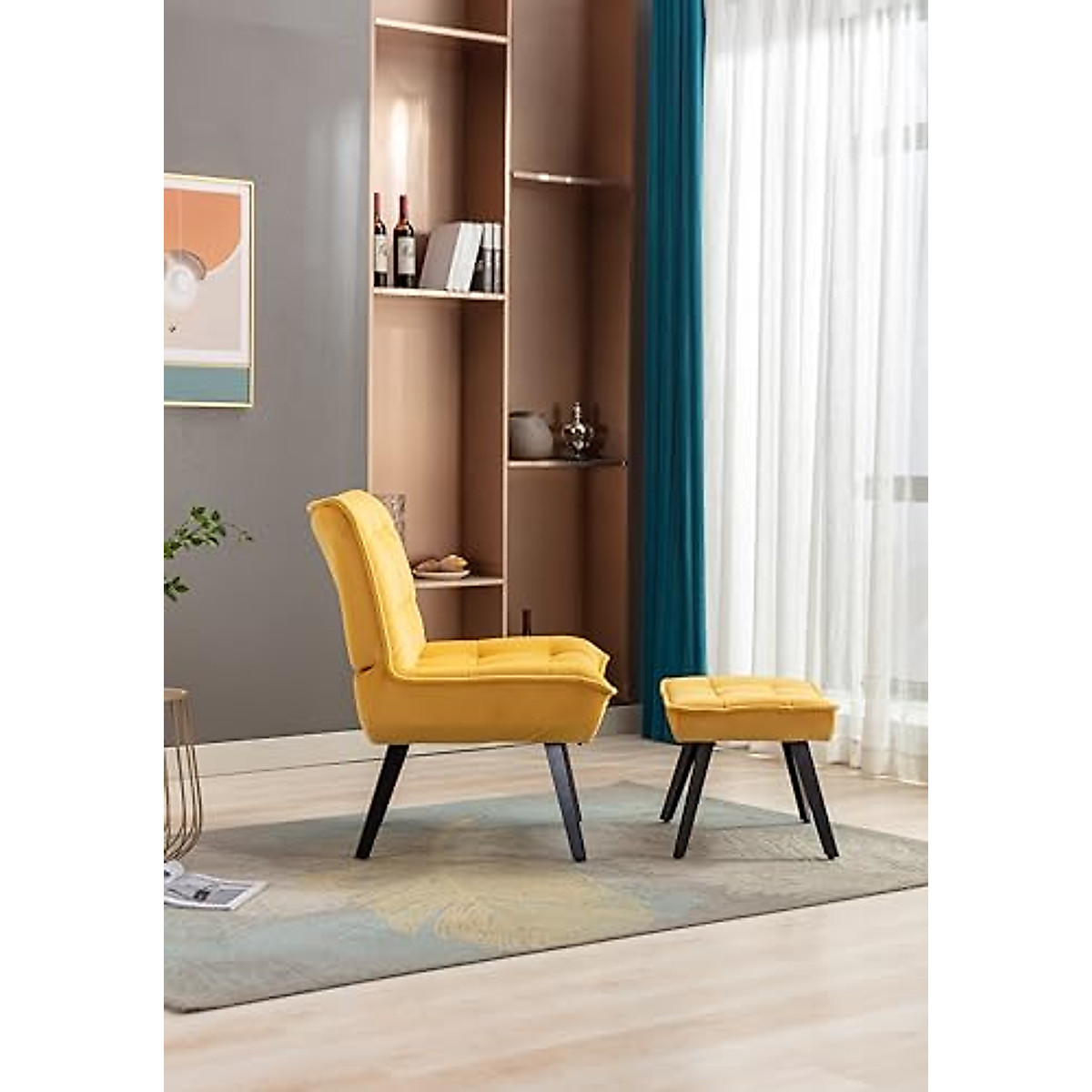 INMOZATA Accent Chairs for Living Room Upholstered Armless Chairs with Footstool Velvet Fabric Single Sofa Chair for Bedroom,Yellow