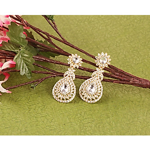 Touchstone Indian Bollywood Beautifully Hand Finished Victorian Studded Look White Rhinestone Designer Jewelry Chandelier Earrings In Gold Tone For Women.