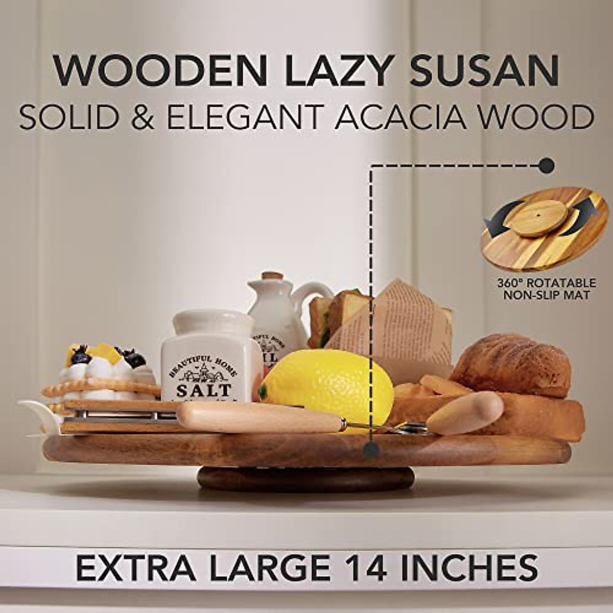 ORIDOM Acacia Wood Lazy Susan, Wood Turntable Tray Cabinet Organizer,14"