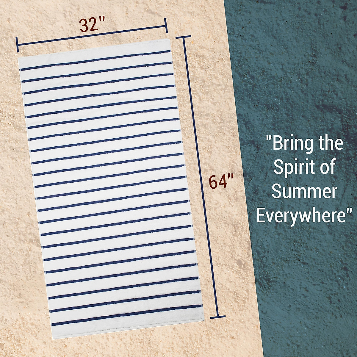 GT Globaltex Fine Linens 100% Turkish Cotton Premium Pool and Beach Towel Highly Absorbent Quick Dry Blue Striped 32" x 64" 500 GSM (1 Piece)