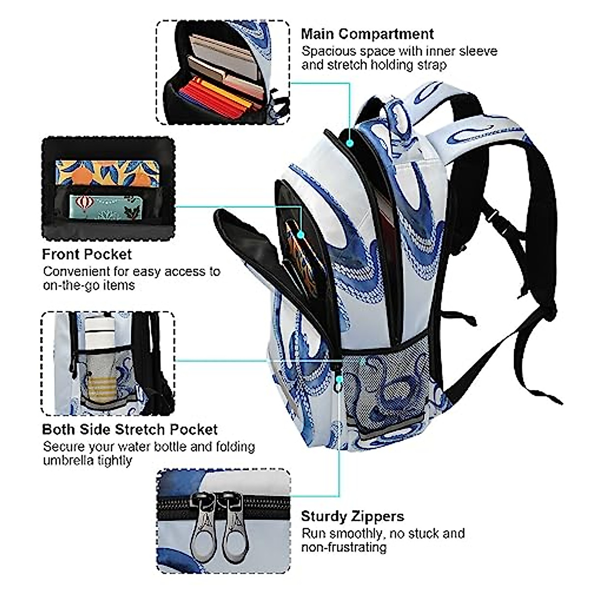 Funky Qiu Watercolor Sea Animal Octopus Backpack Durable Lightweight College School Bookbag Daypack Rucksack for Boys Girl Student