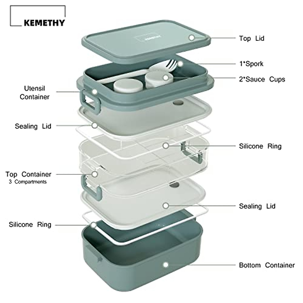 KEMETHY Bento Box Adult For Lunch, Stackable Large Capacity Containers with Tableware and Sauce Cups for Adults, Leak-Proof 2000ML/68OZ Green