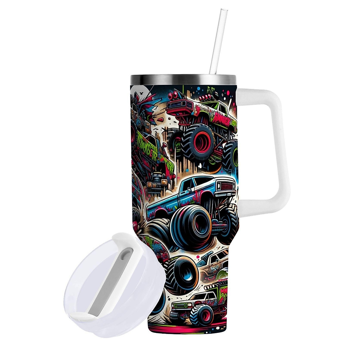 ALAZA Monster Trucks Cartoon Graffiti 40 oz Tumbler Stainless Steel Water Bottle Vacuum Insulated Cup with Straw Lid & Handle For Travel Car Cup Holder