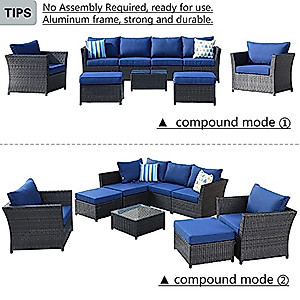 XIZZI Outdoor Patio Furniture No Assembly Required 9 PCS Patio Furniture Sets PE Rattan Wicker with 2 Pillows and Coffee Table, Backyard Patio Conversation Sets Sectional Sofa (Navy Blue)