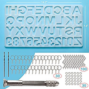 Mocoosy 134Pcs Silicone Alphabet Resin Molds Kit Letter Number Silicone Mold Epoxy Resin Casting Molds Keychain Making Set with 1 Hand Drill 2 Drill Bits 30 Key Rings 100 Screw Pins