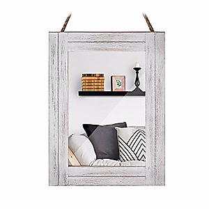 DECORKEY Rectangle Wall Mirror Bathroom Mirrors for Wall Distressed White Wood Hanging Mirror Wall Decor with Hanging Rope for Rustic Home Decor, Vanity, Living Room 12"×16"